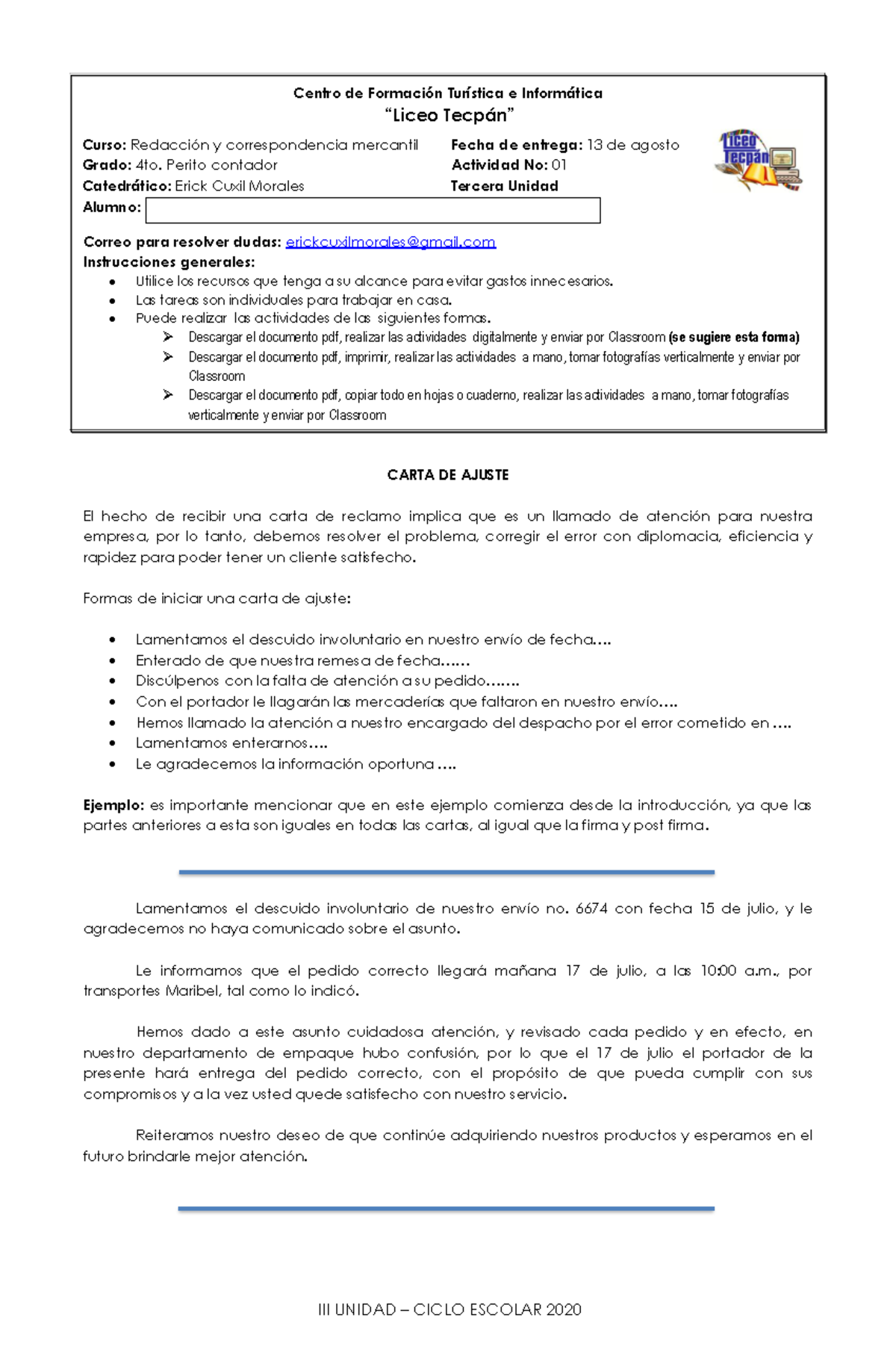4TO. Perito Contador - Guía para Carta de Ajuste y Correspondencia ...