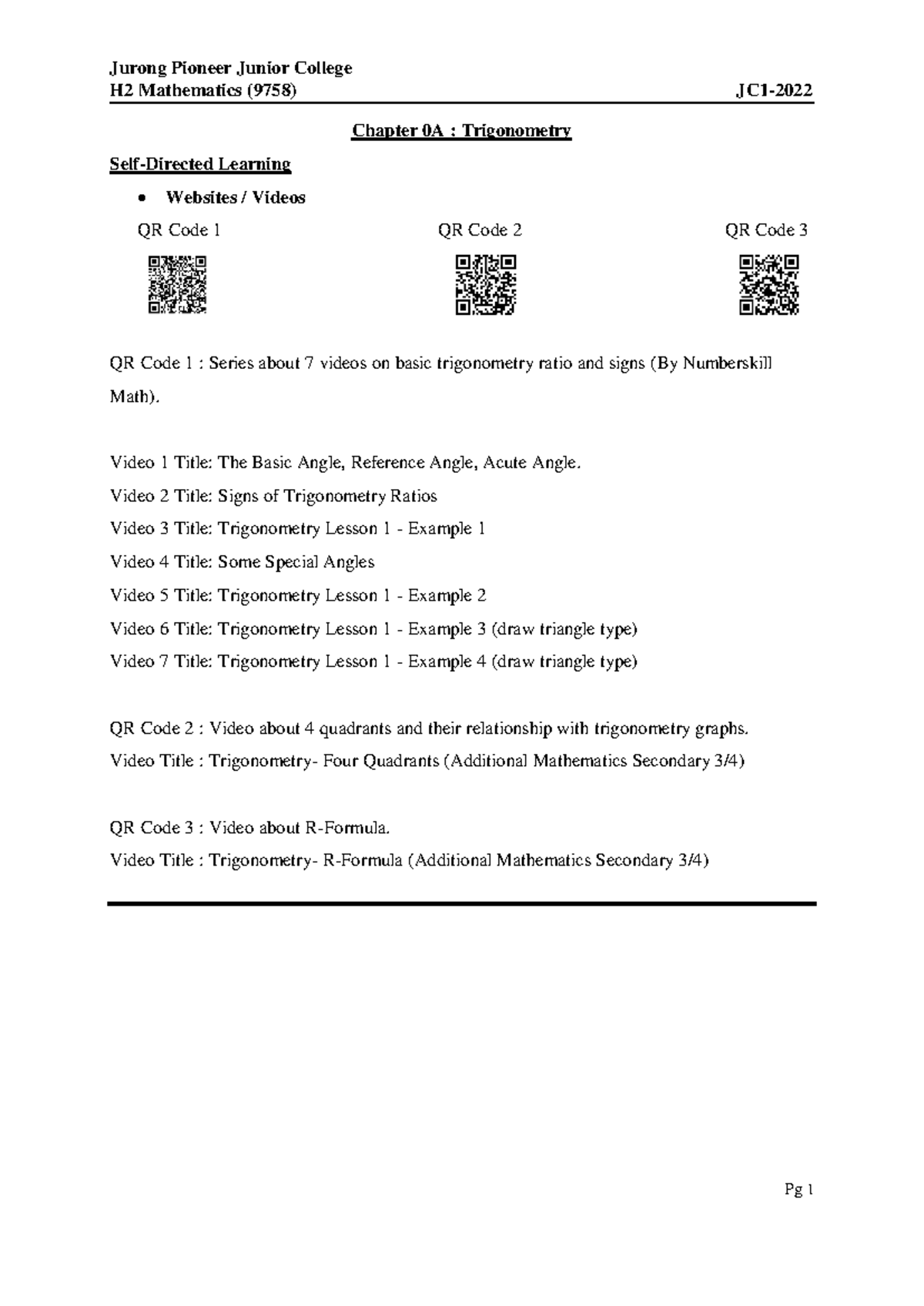 Jurong Pioneer Junior College H2 Mathematics (9758) Chapter 0A ...