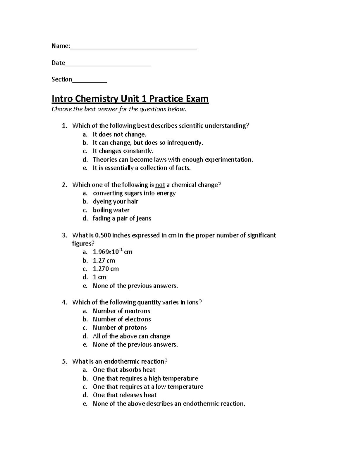 Chemistry 101: Unit 1 Practice Exam Questions & Answers - Studocu