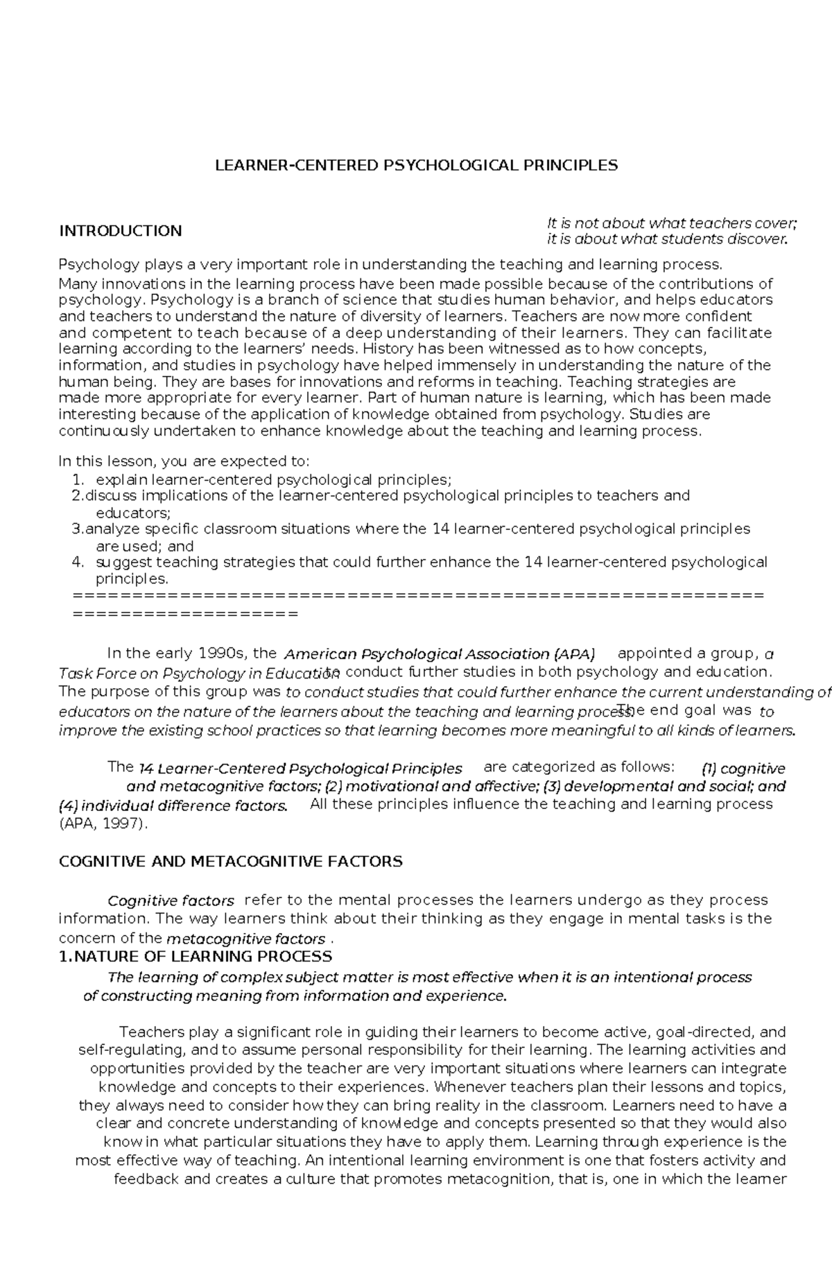 14 Learner-Centered Psychological Principles Explored in Detail - Studocu