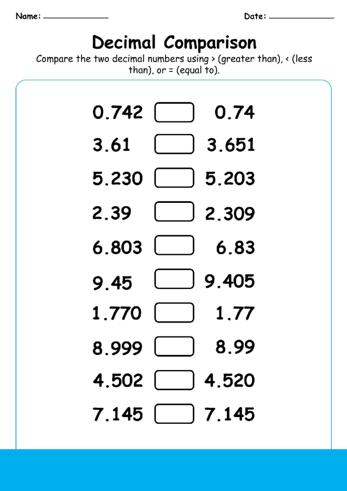 Decimal Comparison - 5th Grade Worksheet - Name: Date: Decimal ...