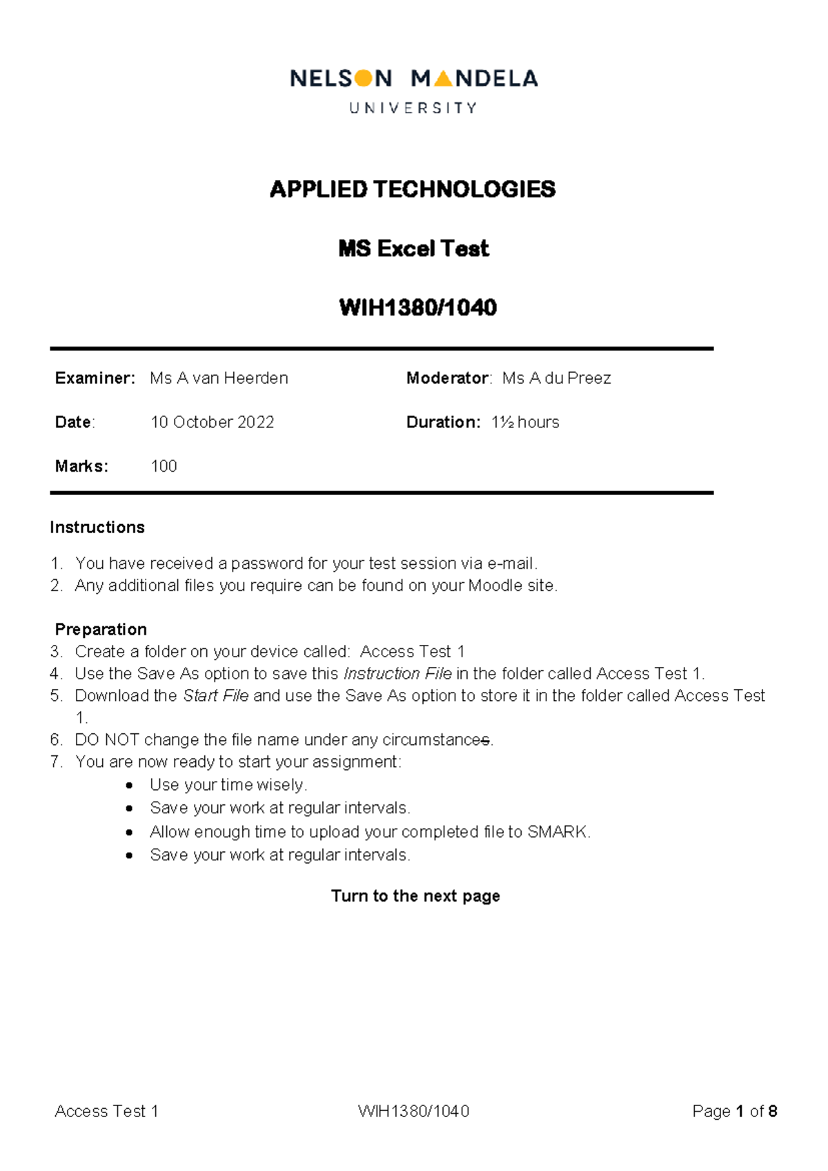 Access Instruction File - APPLIED TECHNOLOGIES MS Excel Test WIH1380 ...