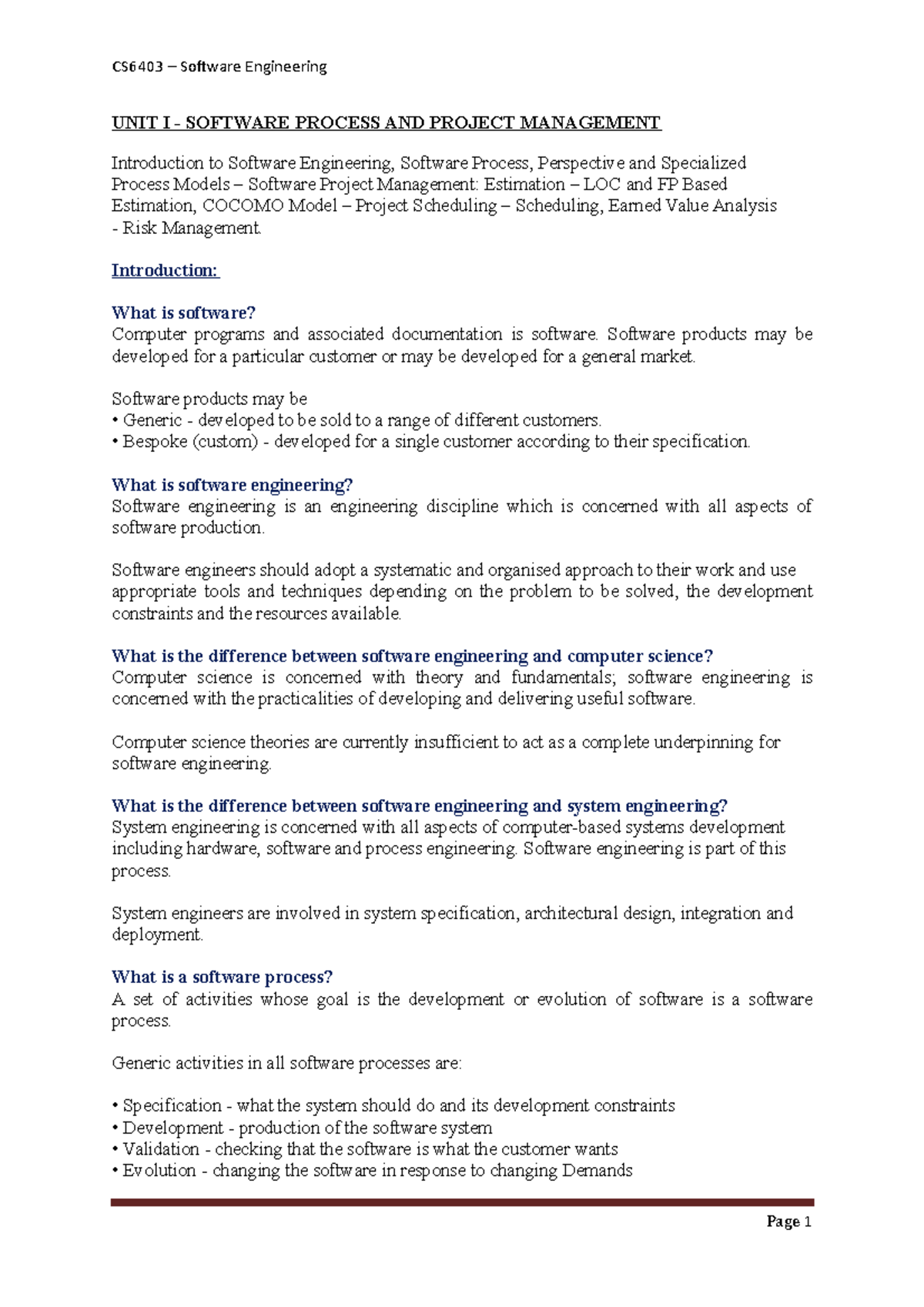 CS6403 Software Engineering: Unit 1 - Software Process & Project ...