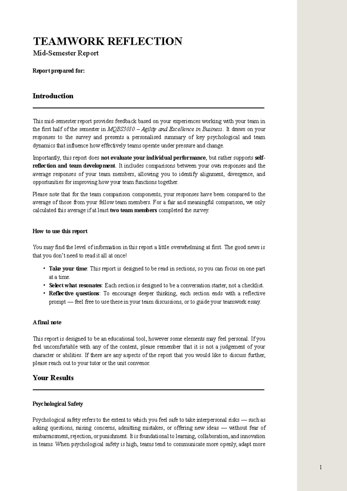 TEAMWORK REFLECTION REPORT - MQBS3010 Agility & Excellence in Business ...