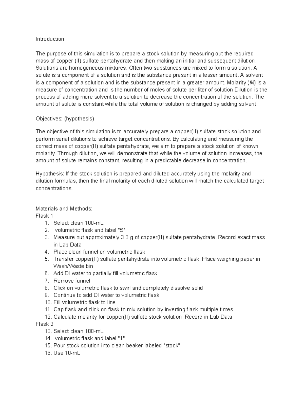 Chem Lab 1 - Sem 2: Stock Solution Preparation & Dilution Process - Studocu