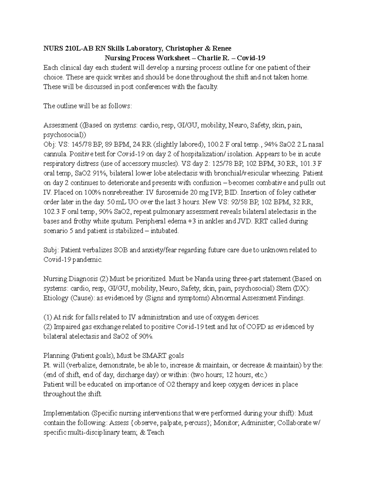 Nursing Process Worksheet N210 #2 - NURS 210L-AB RN Skills Laboratory ...