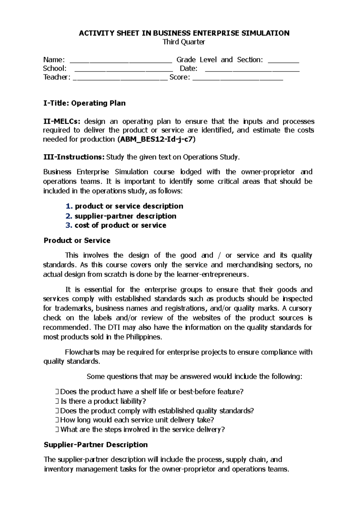 ABM_BES12 Activity Sheet: Operating Plan for Business Simulation - Studocu
