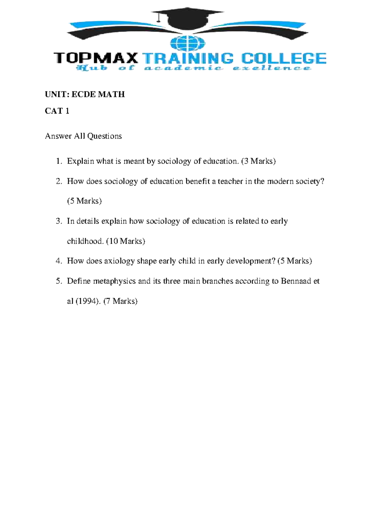 Child Development - assignment - UNIT: ECDE MATH CAT 1 Answer All ...