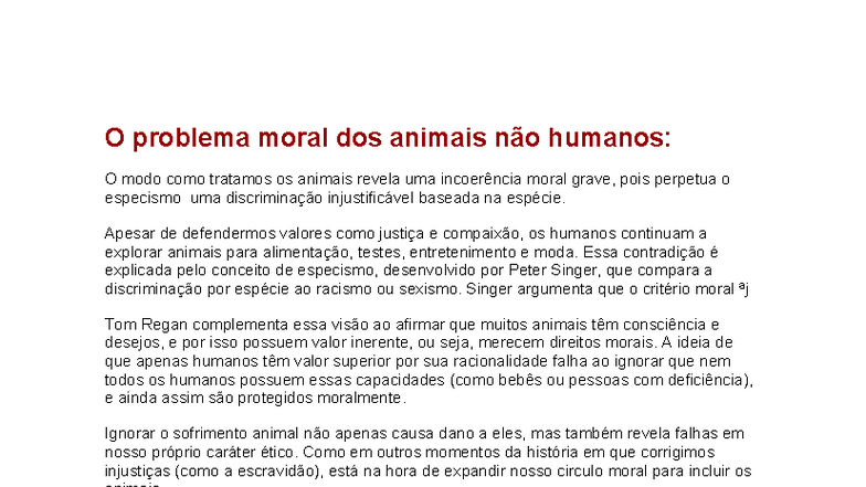 Ensaio Filosófico: O Especismo e a Ética Animal - Filosofia 1023 - Studocu