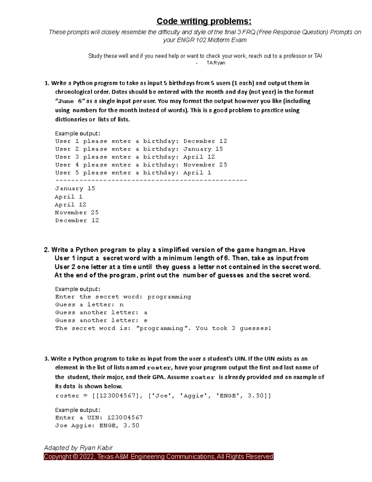TA Ryan's ENGR 102 Coding Practice Prompts - Code writing problems: These prompts will closely ...