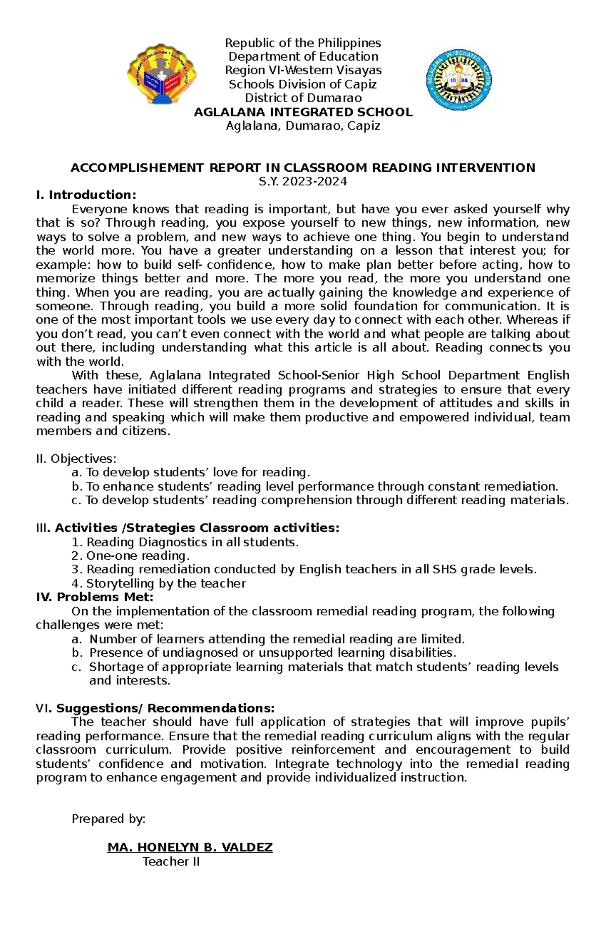 ACCOMPLISHMENT REPORT: Remedial Reading Program S.Y. 2023-2024 - Studocu
