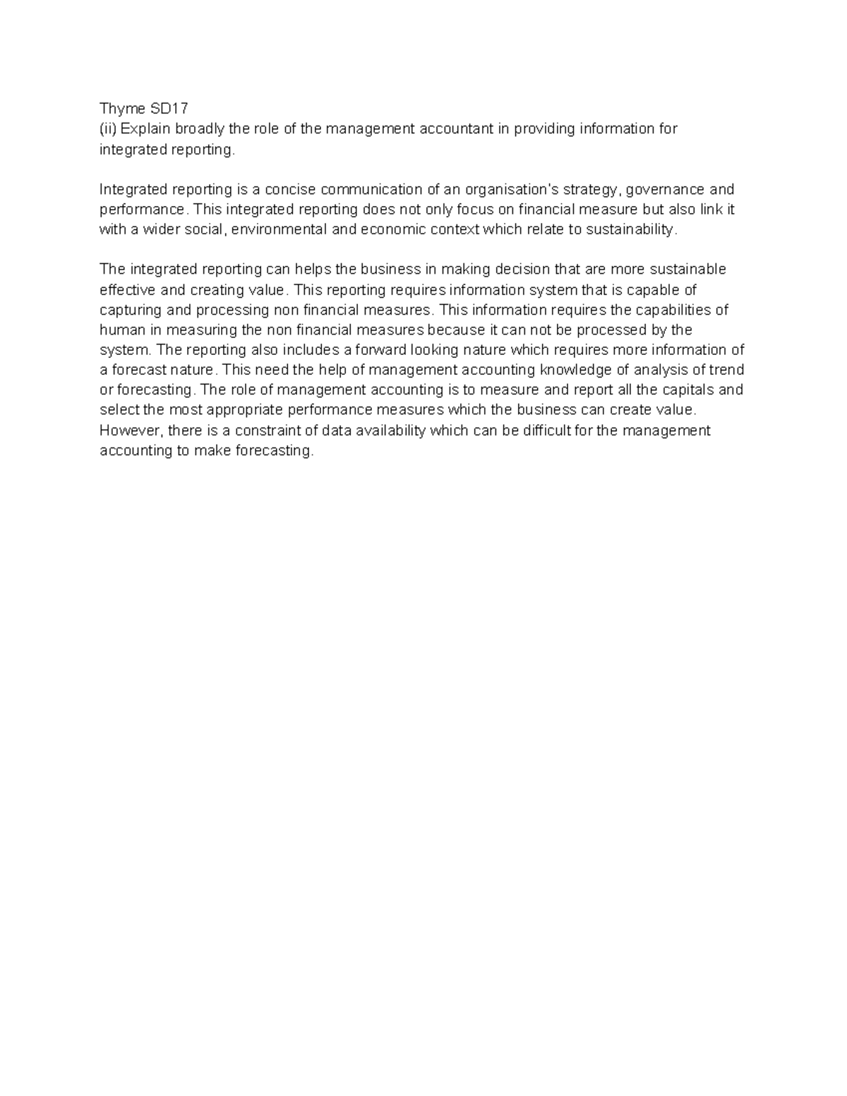 APM - Thyme SD17 (ii) Role of Management Accountant in IR - Studocu