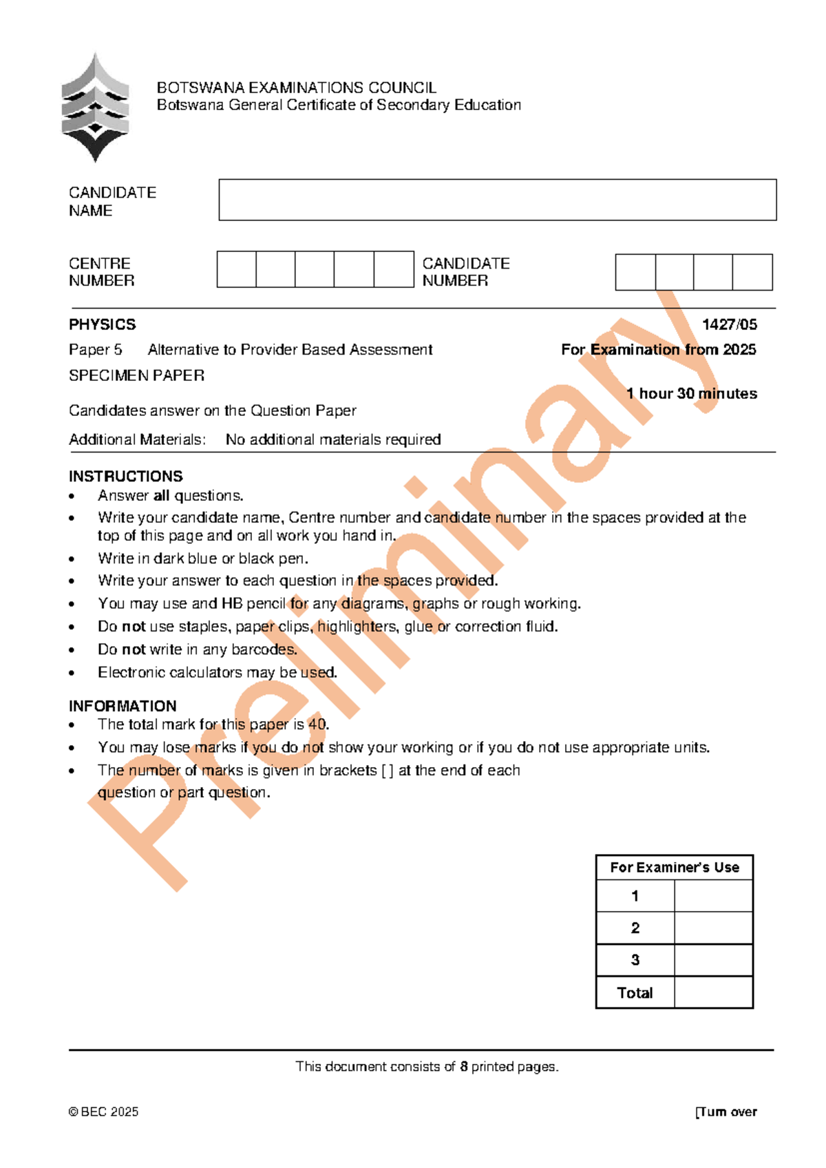 Physics 1427 Specimen Paper 5: Alternative Assessment for 2025 - Studocu