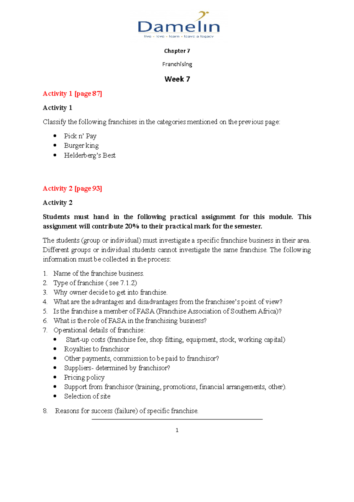 N6 EBM Week 7 - Franchising Lecture Notes and Activities - Studocu