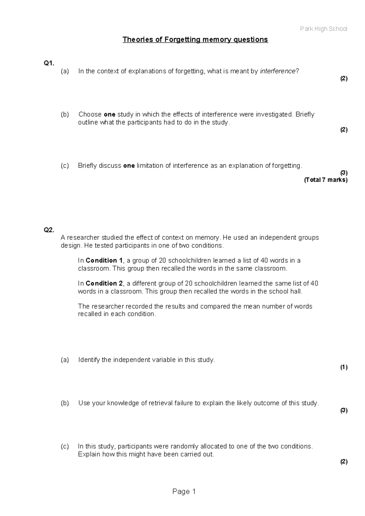 Forgetting and Memory Questions: Exploring Interference and Context in ...