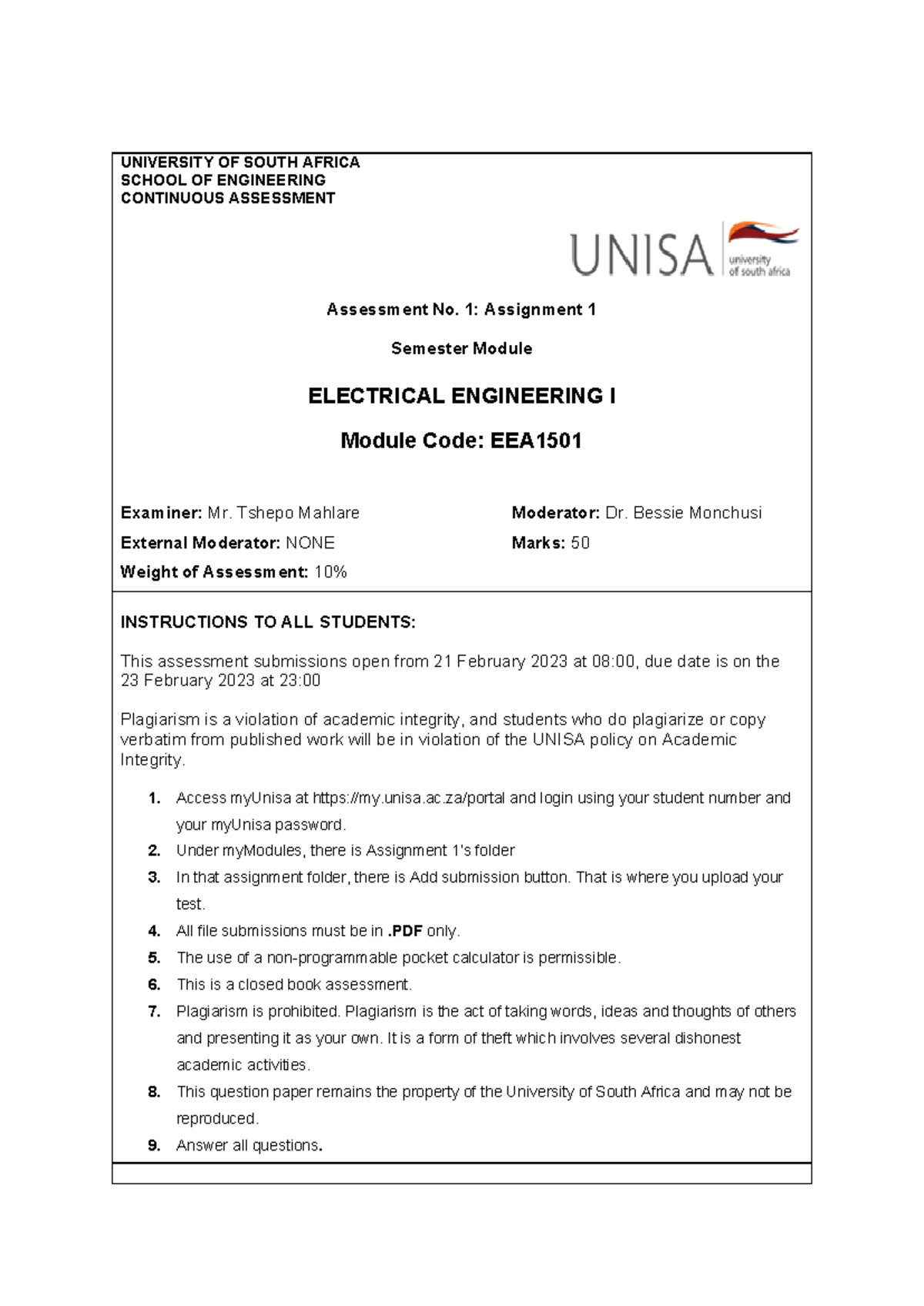 EEA1501 - Electrical Engineering I - Assessment 1 - Assignment Details ...