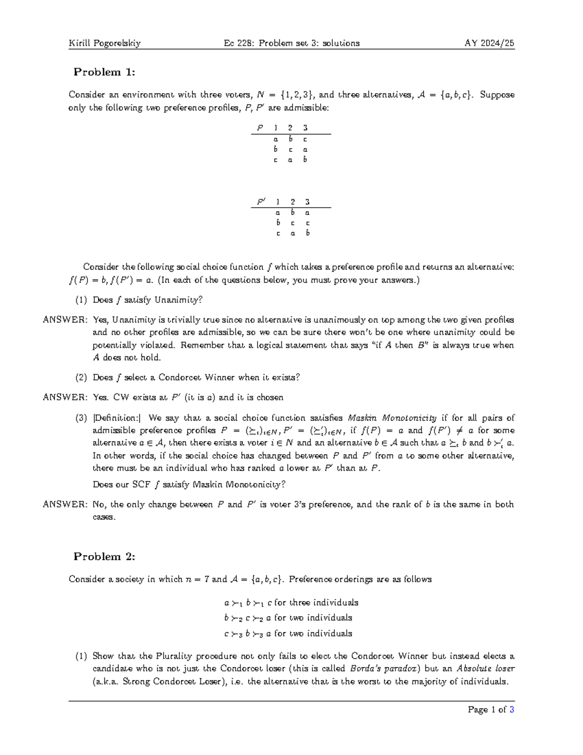 Pset 3 Solutions for EC 228: Social Choice Functions Analysis - Studocu