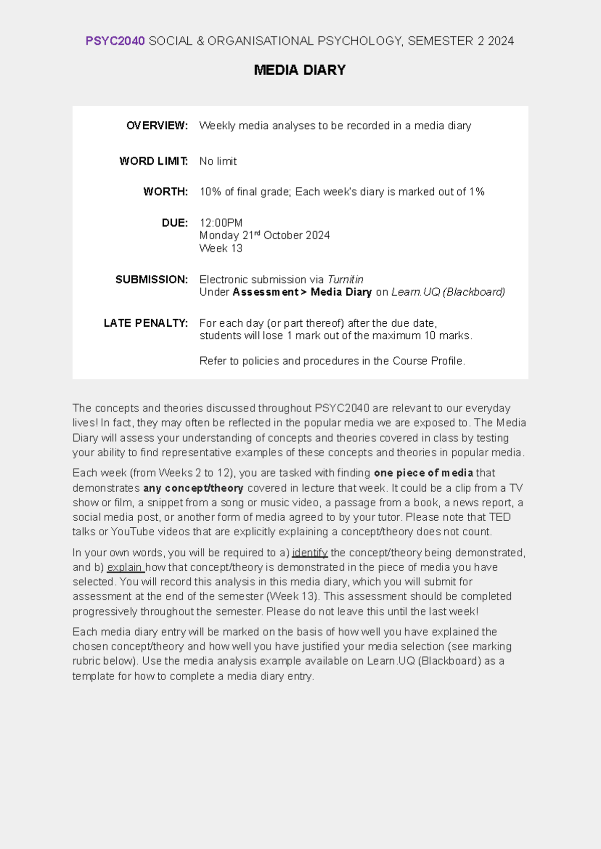 PSYC2040 S2 2024 Media Diary: Weekly Analysis of Media Concepts - Studocu