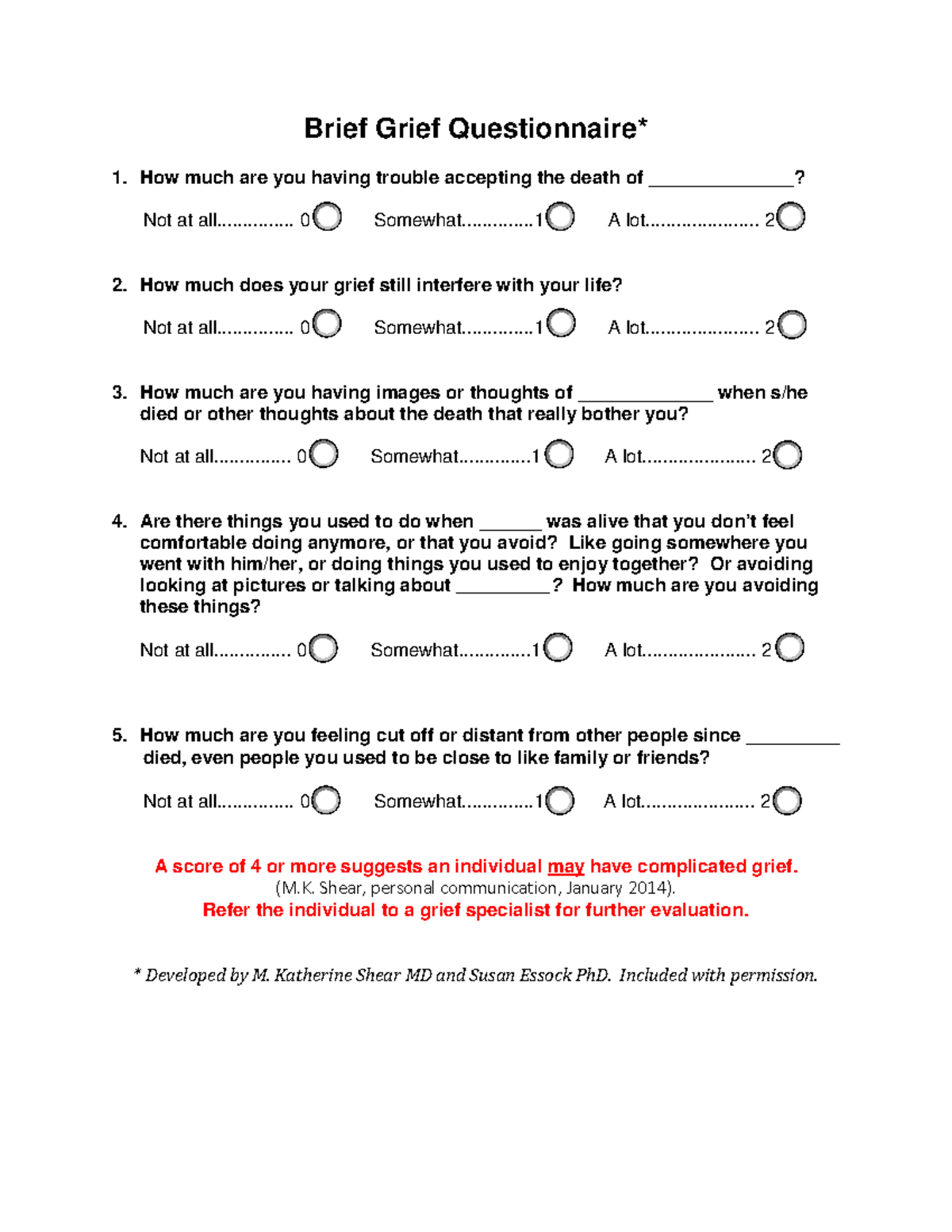 Brief Grief Questionnaire 2018: Assessment Tool for Complicated Grief ...