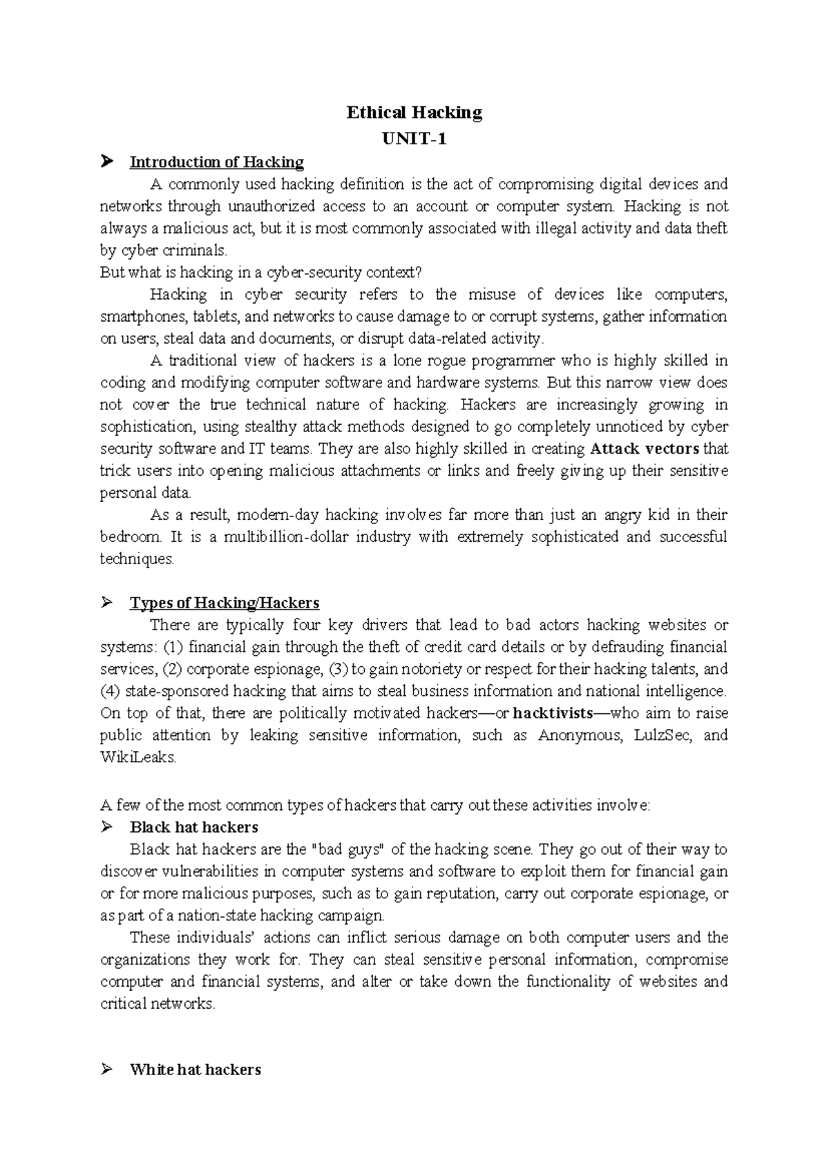 EH Unit-1: Introduction to Ethical Hacking and Cybersecurity Concepts ...