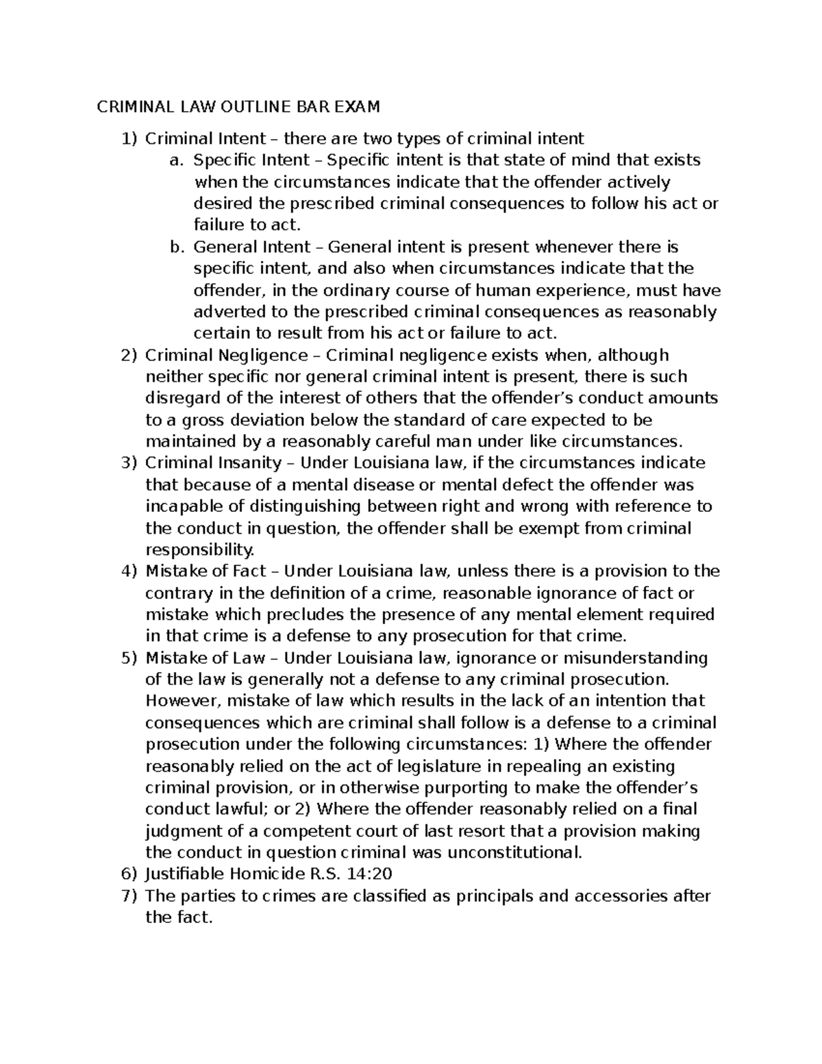 CRIMINAL LAW OUTLINE FOR BAR EXAM: KEY CONCEPTS AND DEFENSES - Studocu