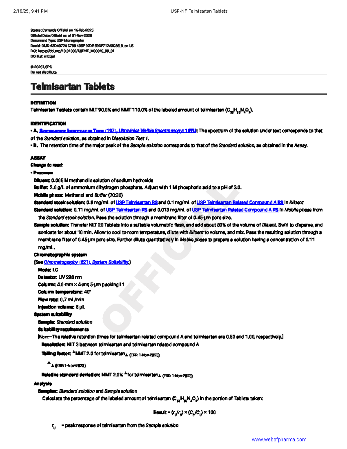 Telmisartan Tablets USP Monograph - Official Status Update - Studocu