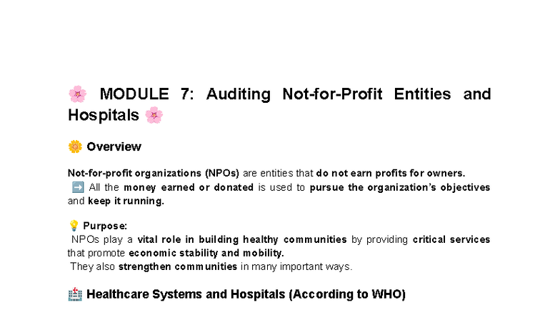 MODULE 7: Overview of Auditing NPOs and Healthcare Systems - Studocu