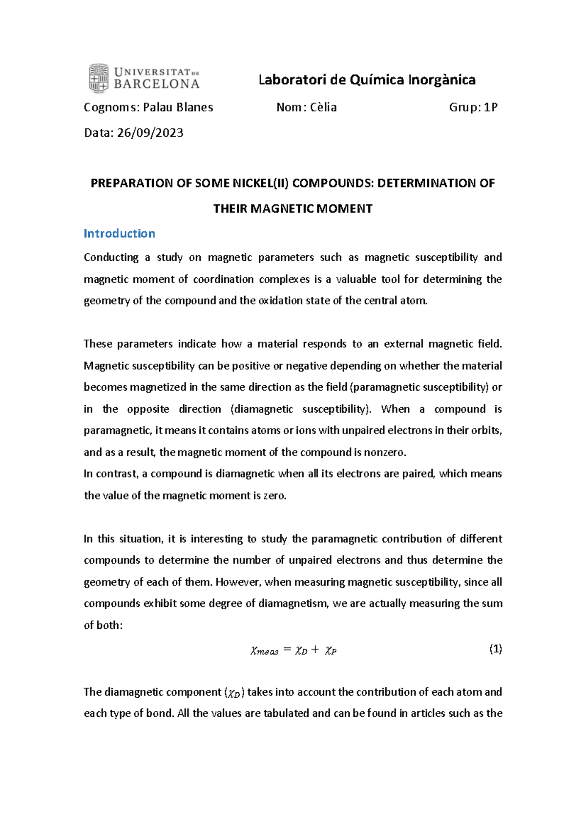 Informe Pràctica 5: Preparació de Compostos Ni(II) i Moment Magnètic ...