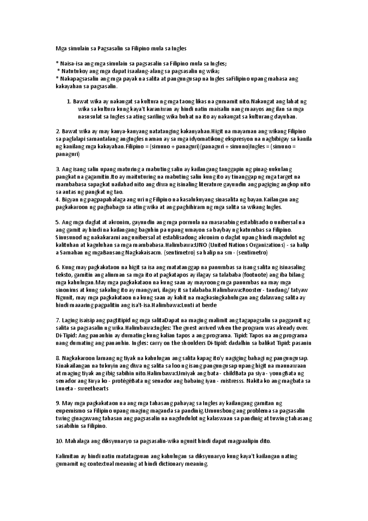 Mga Simulain sa Pagsasalin sa Filipino mula sa Ingles - Panitikan - Studocu