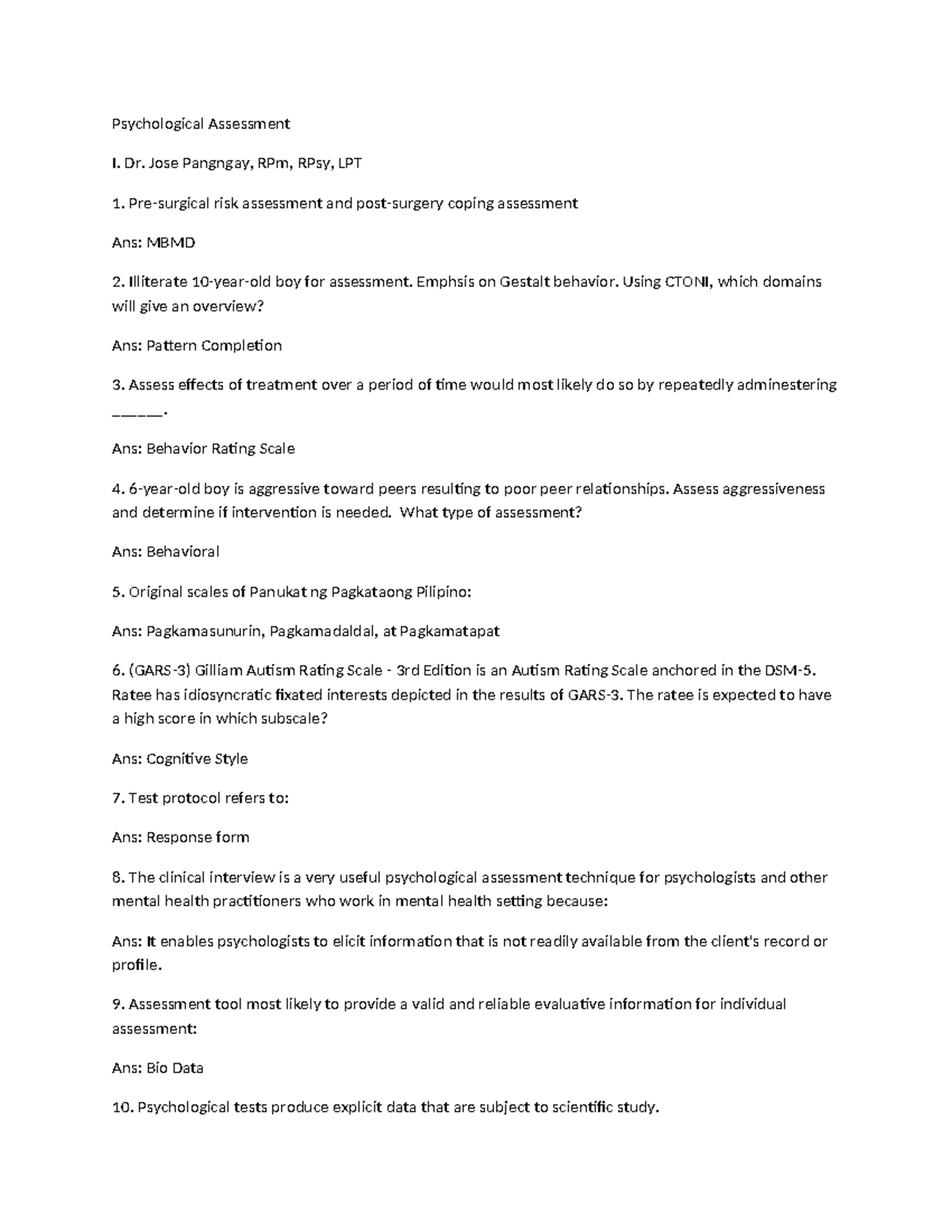 Psych Assessment: 50 Key Test Items & Answers for Review - Studocu