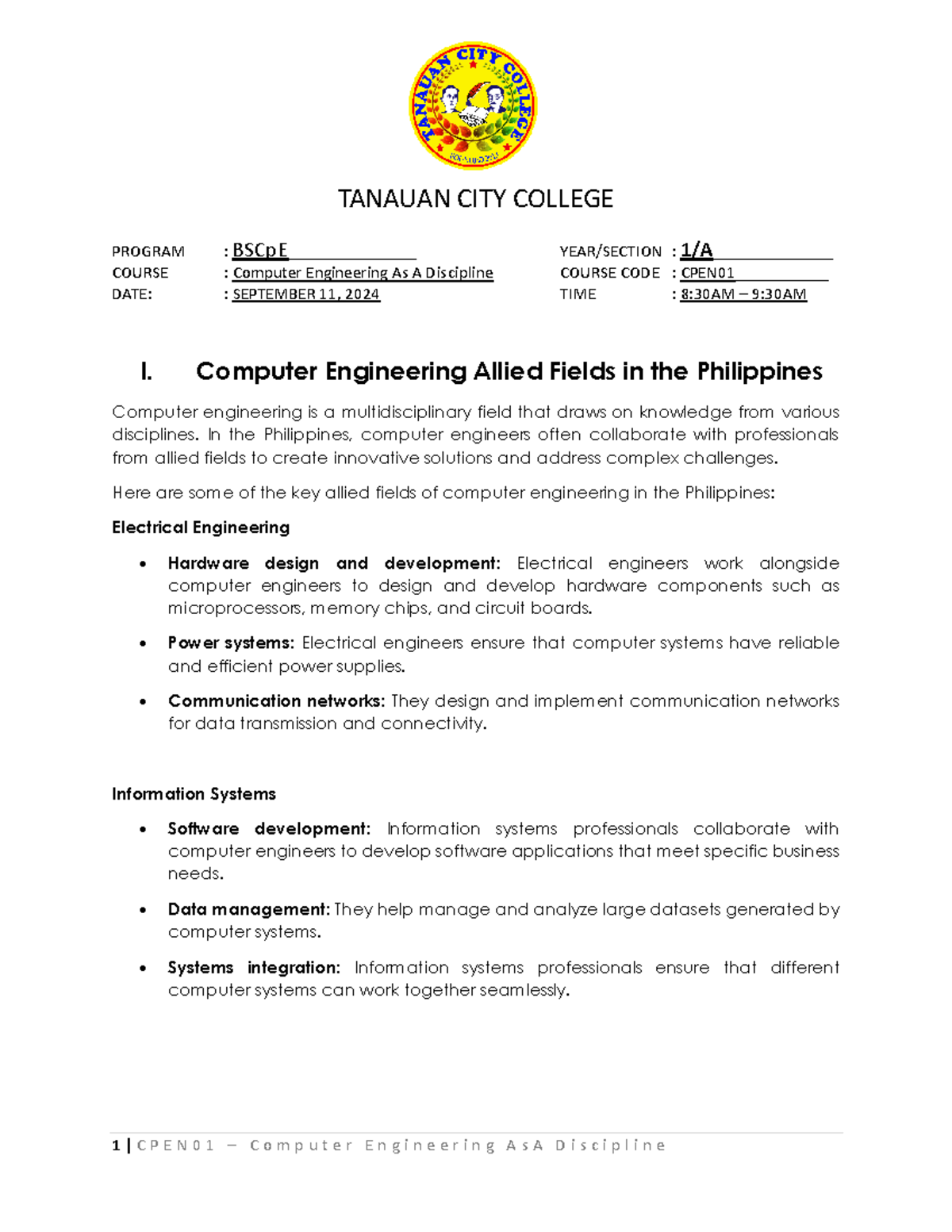 CPEN01 - Comprehensive Reviewer on Computer Engineering Fields - Studocu