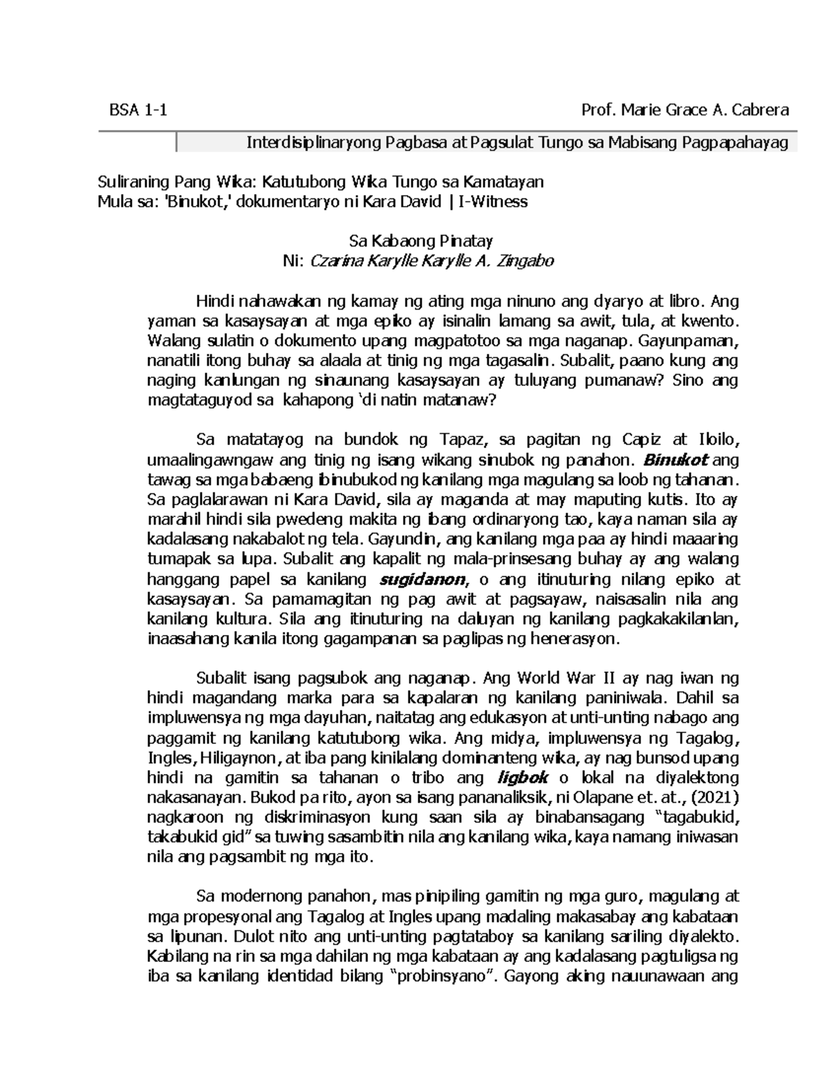 BSA IPP Essay: Katutubong Wika at Kahalagahan ng Kultura - Studocu