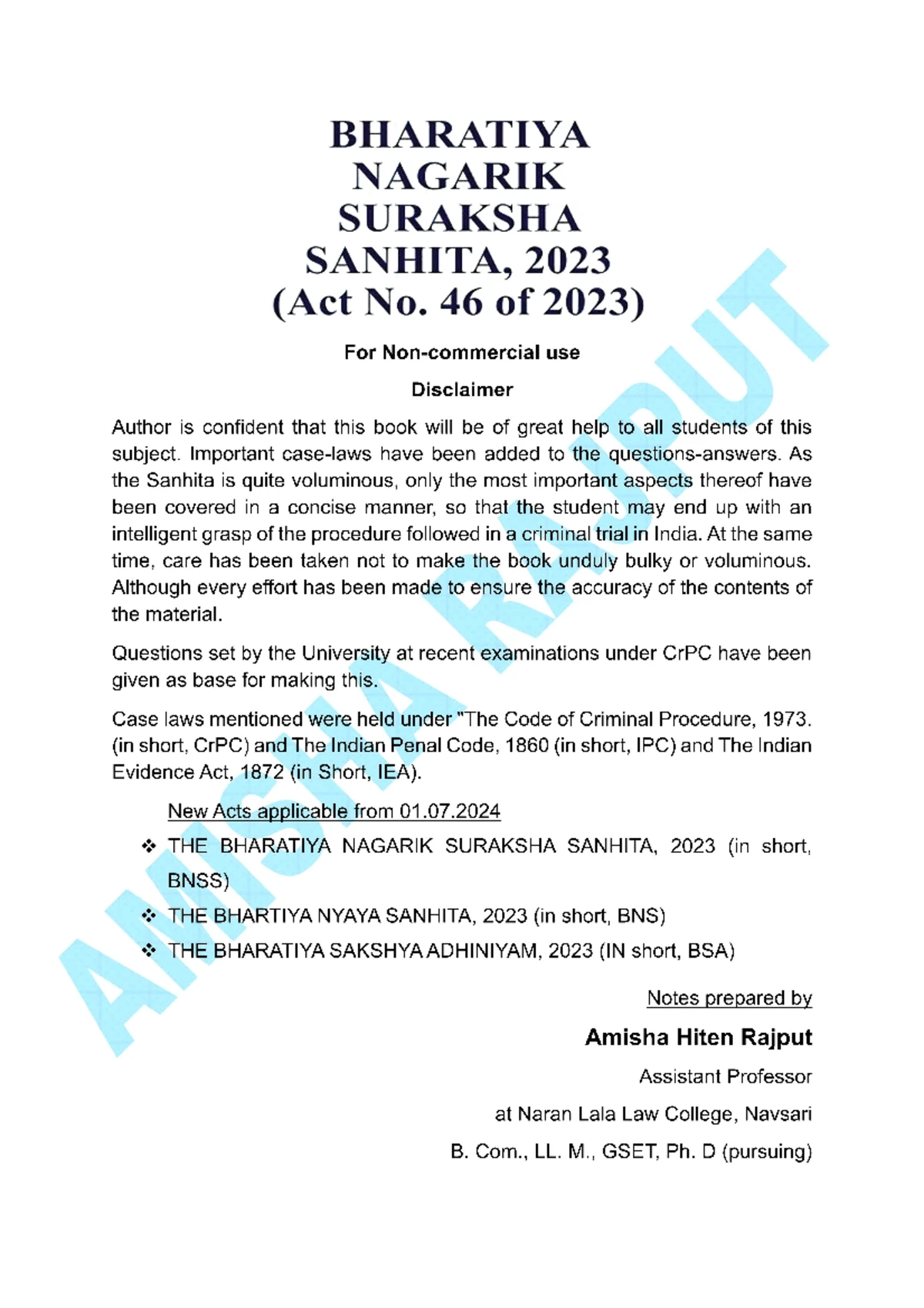 BNSS - Bharatiya Nagarik Suraksha Sanhita Notes on Criminal Justice ...