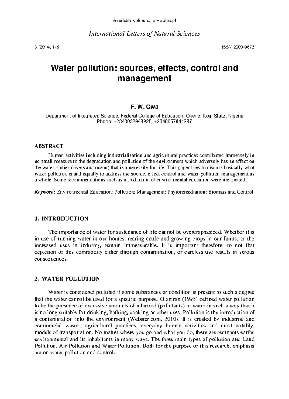 Water Pollution: Sources, Effects, Control & Management (INTL 3) - Studocu