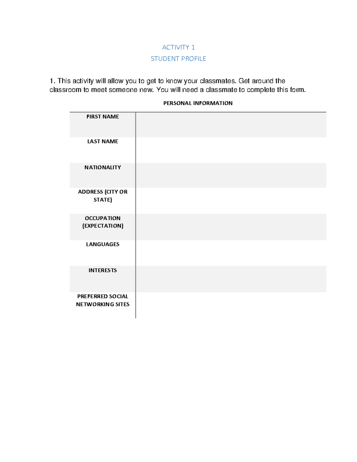 Classroom Activity 1: Getting to Know Your Classmates - Studocu