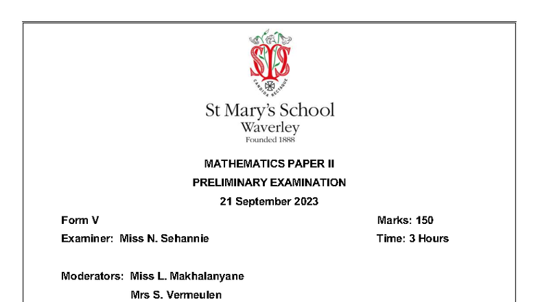 MATHEMATICS PAPER II PRELIMINARY EXAMINATION FORM V - 21 Sept 2023 ...