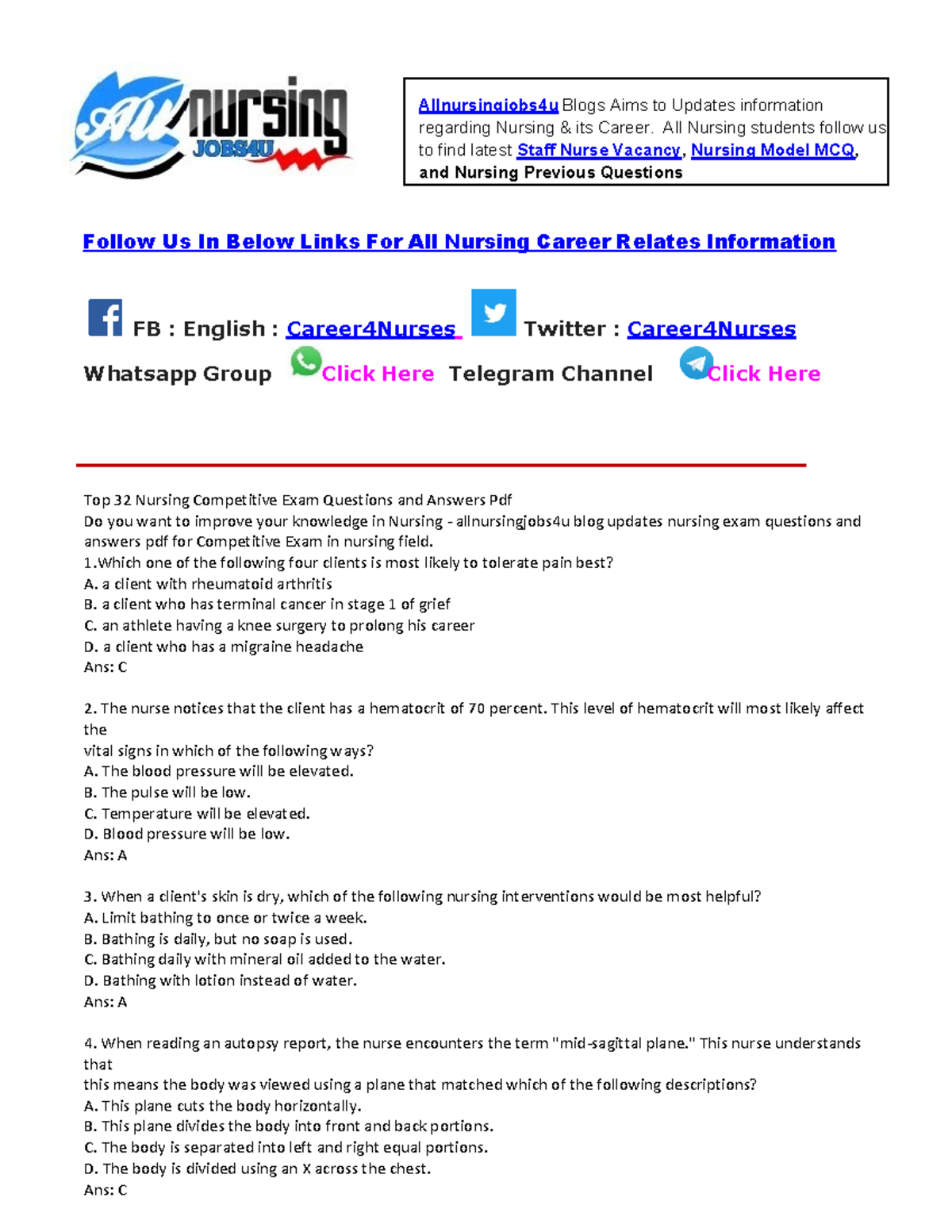 Nursing exam questions and answers pdf - Allnursingjobs4u Blogs Aims to ...