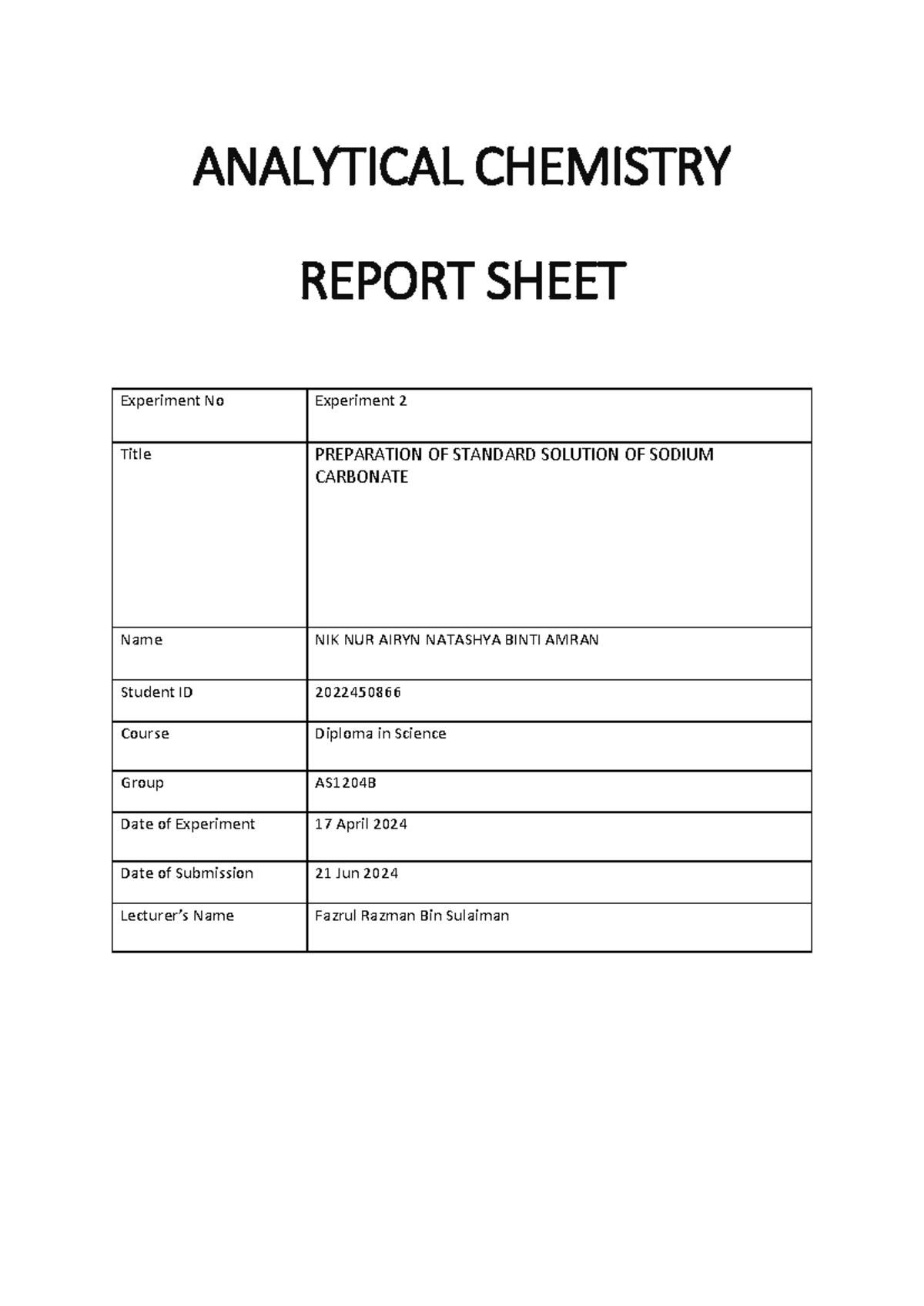 Analytical Chemistry exp 2 - ANALYTICAL CHEMISTRY REPORT SHEET ...