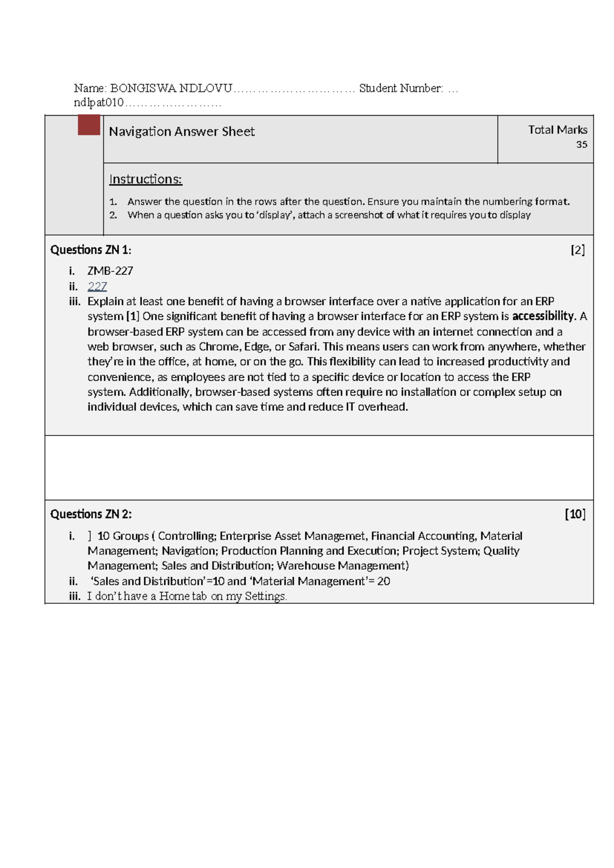 Navigation Answer Sheet for Course NDLPAT010: Total Marks 35 - Studocu