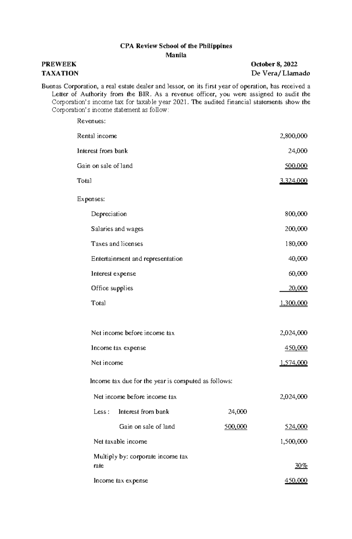 TAX Preweek Review for CPA Exam - October 2022 - Atty. Jack - Studocu