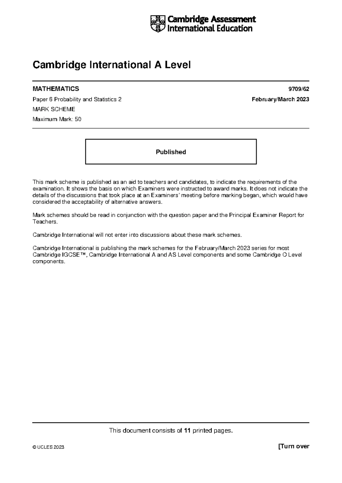 Cambridge International AS A Level Mathematics 9709/52 Mark Scheme 2023 ...