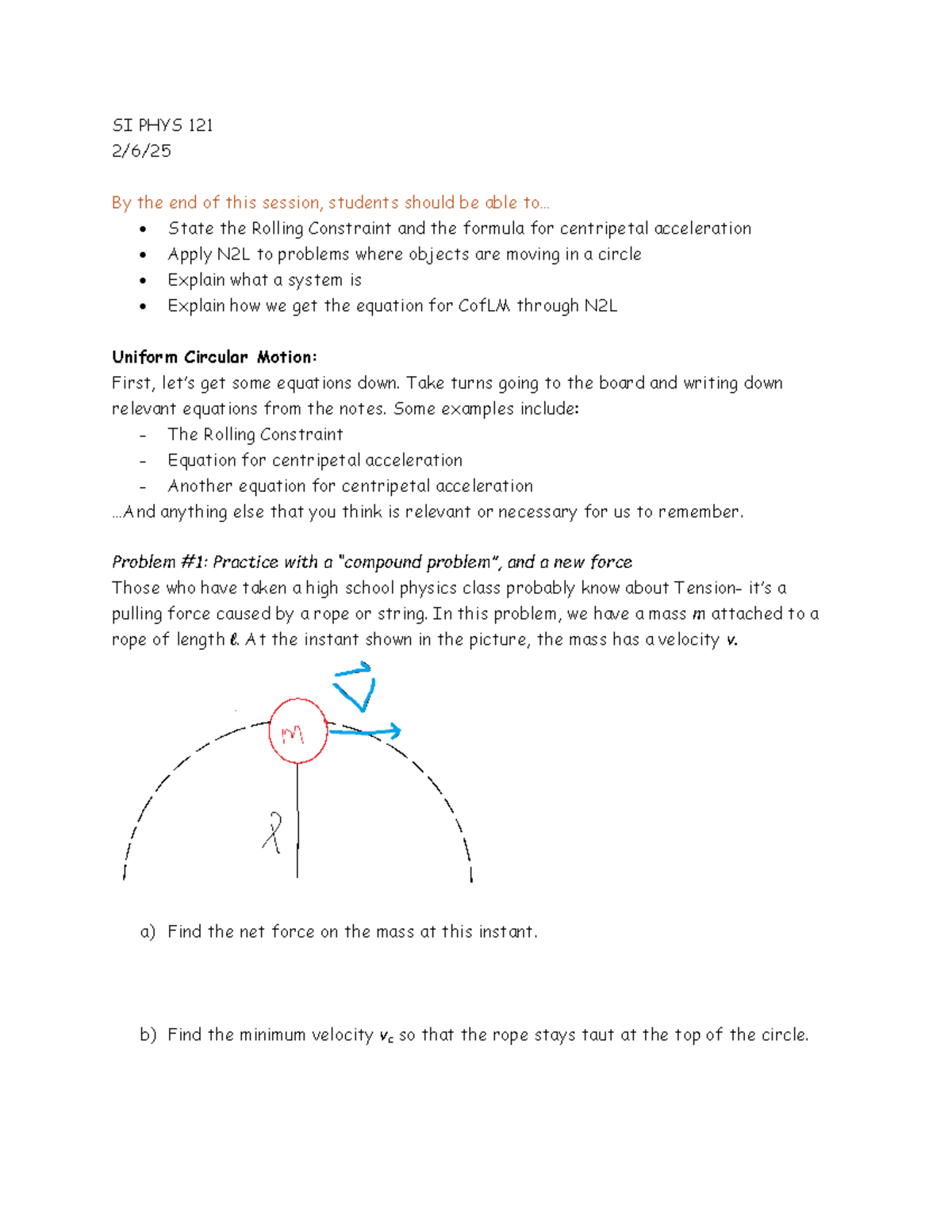 SI PHYS121 Feb625 - SI Worksheet on Circular Motion & Force Concepts ...