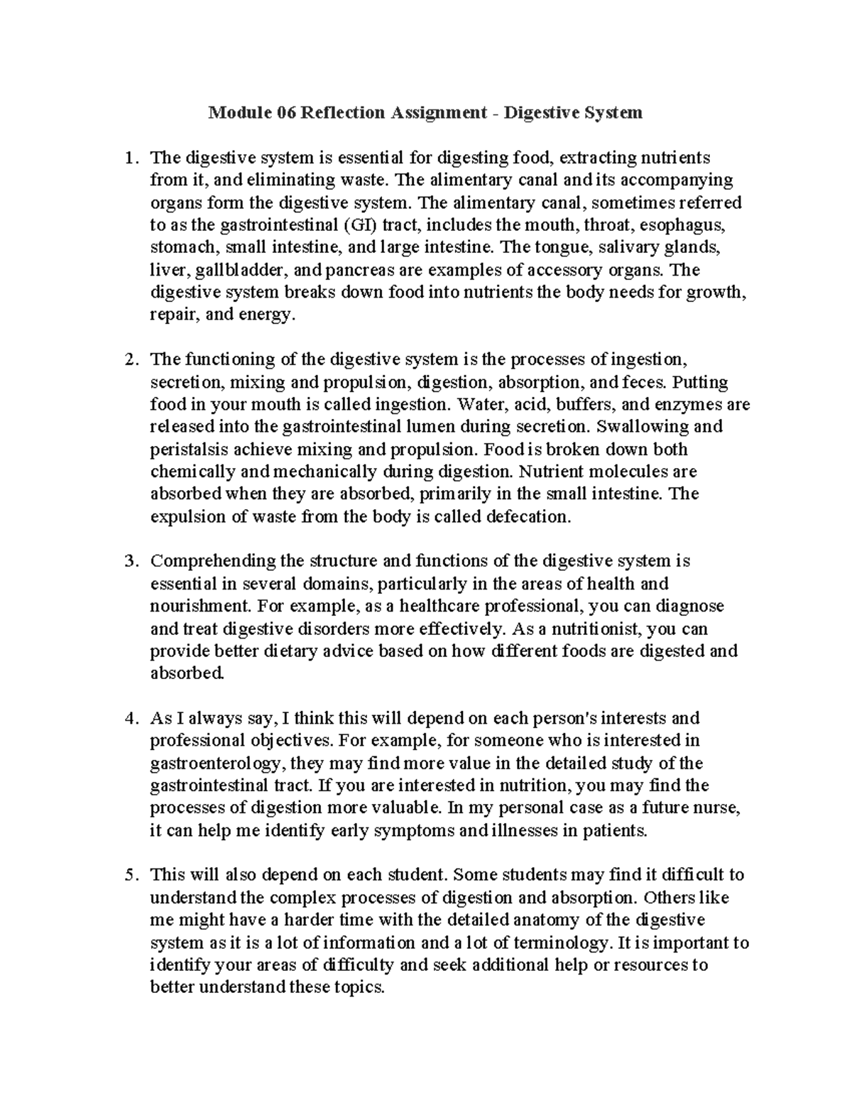 Module 06 Reflection Assignment: Understanding the Digestive System - Studocu