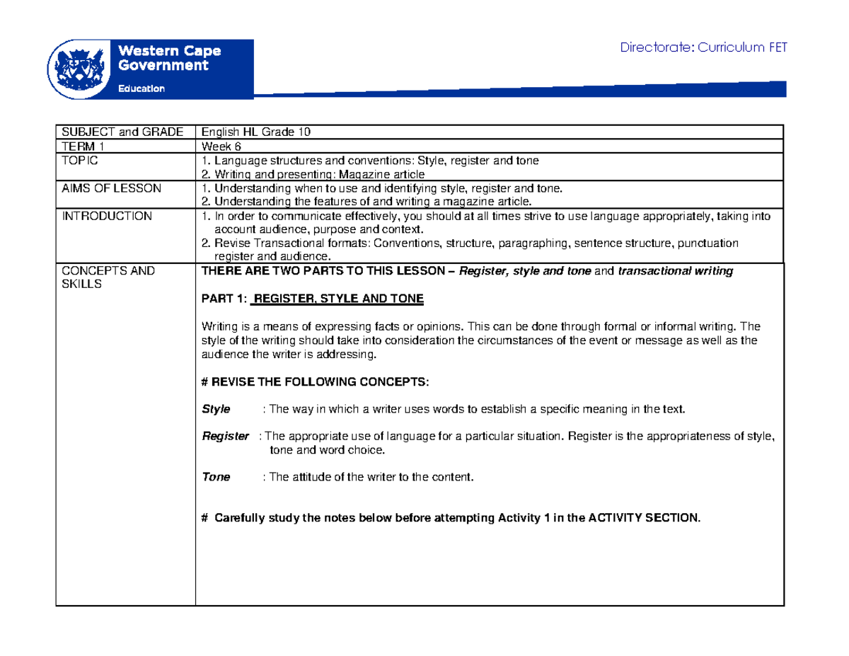 English HL Grade 10 Term 1 Week 6: Lesson on Style, Register & Tone ...