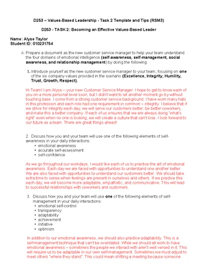 D253 Task 1 - task 1 - D253 – Values-Based Leadership - Task 1 Template ...