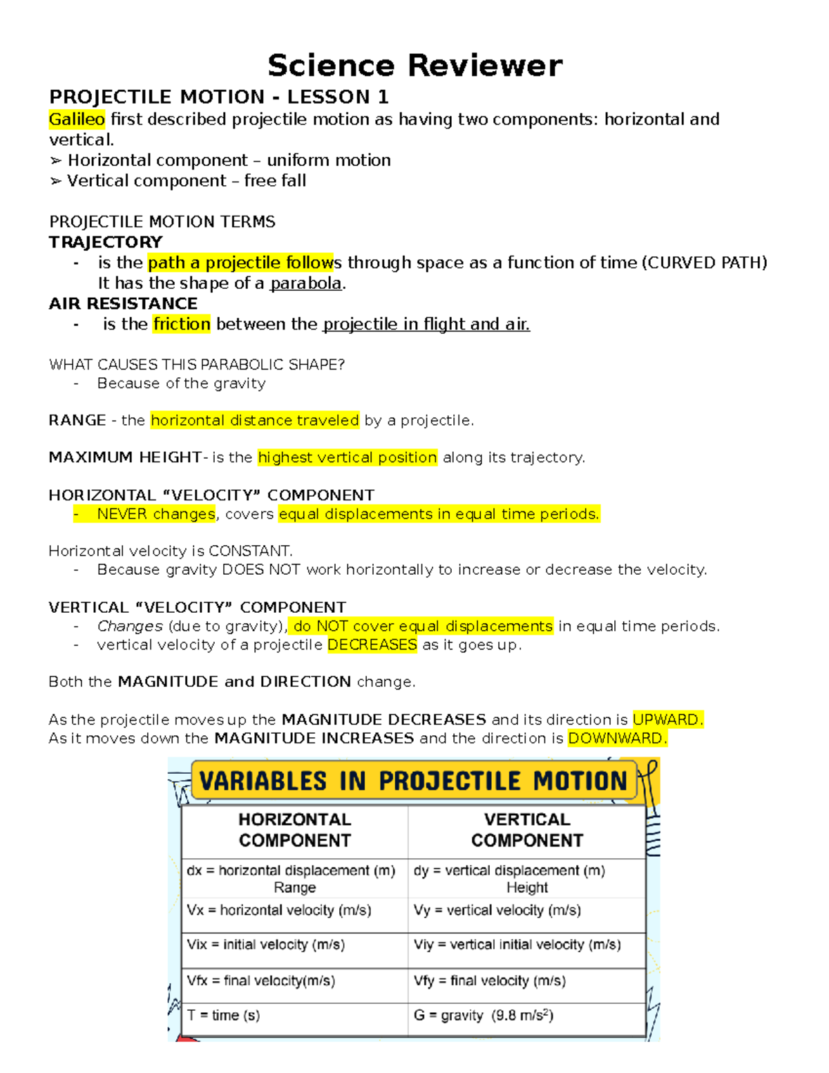 Science Reviewer 3rd Quarter Lessons 1 3 - Science Reviewer PROJECTILE ...