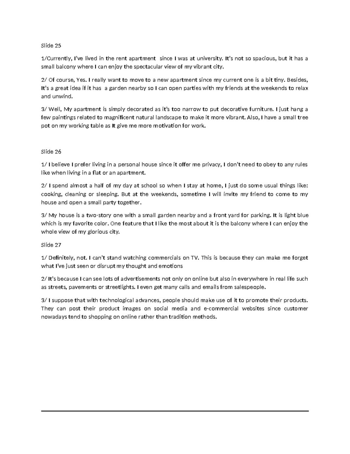 TOEIC Speaking Part 2 - Final Exam Notes on Living Spaces and Social ...