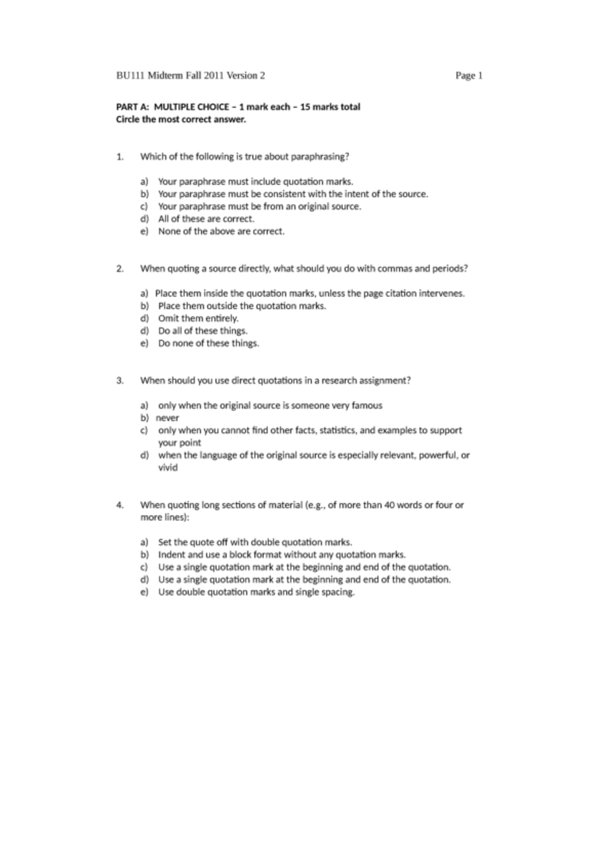 Bu111 Midterm Mock 2 - BU1 11 Midterm Fall 201 1 Version 2 Page 2 5 ...
