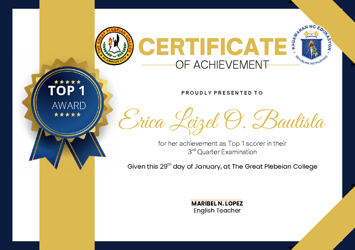 3rd Quarter Examination Achievement Certificates - Studocu