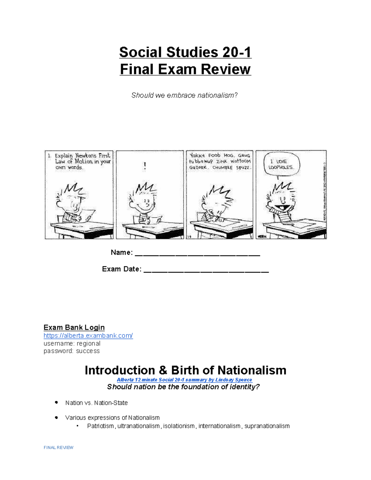 Alberta 12 Social Studies Final Exam Review: Nationalism Insights - Studocu